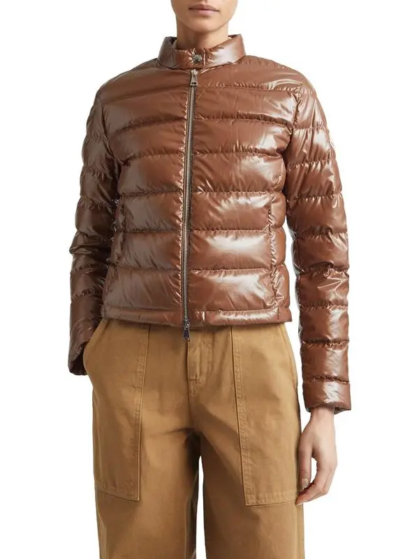 Moncler Papillon Crop Lacquered Nylon Puffer Jacket - Brown