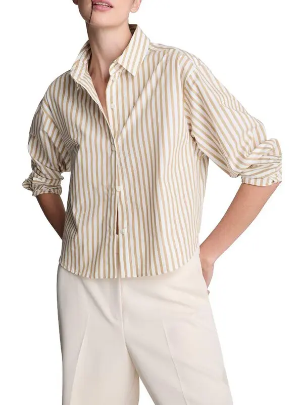 KENNETH COLE Striped Cropped Button-up Shirt - Pure White/burlap