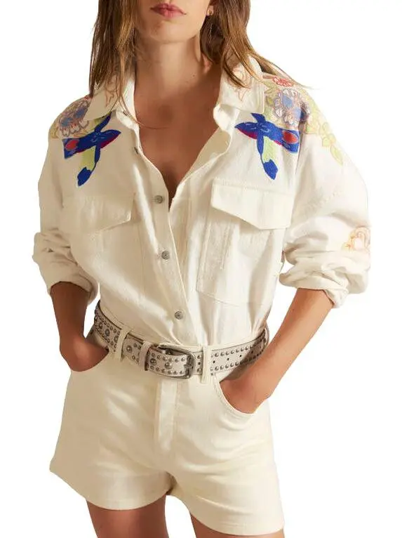 Free People Take Flight Embroidered Shirt - Snow Bell Combo