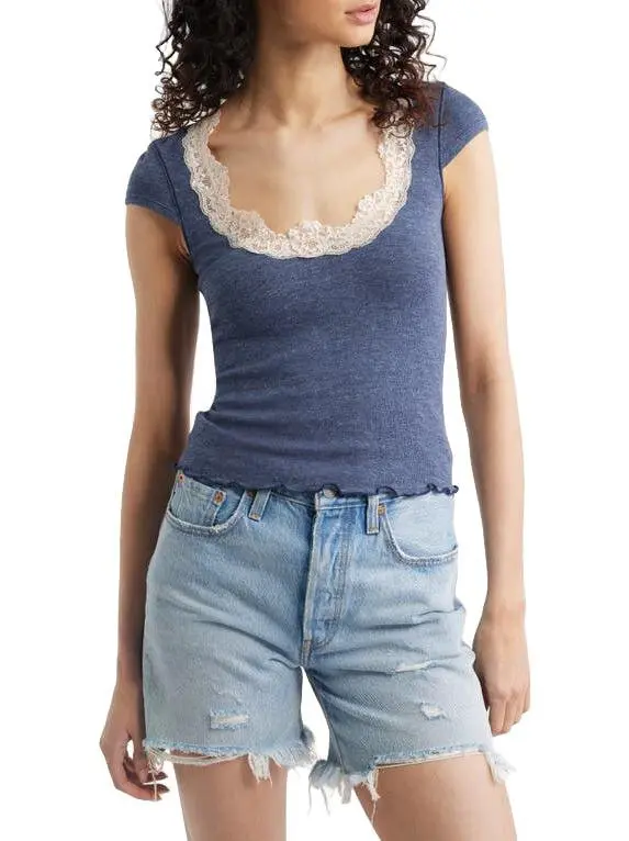 Free People Lace Trim Top - Heather Blue
