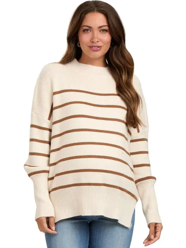 PINKBLUSH Striped Drop Shoulder Maternity Sweater - Beige