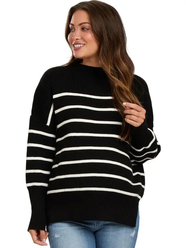PINKBLUSH Striped Drop Shoulder Maternity Sweater - Black