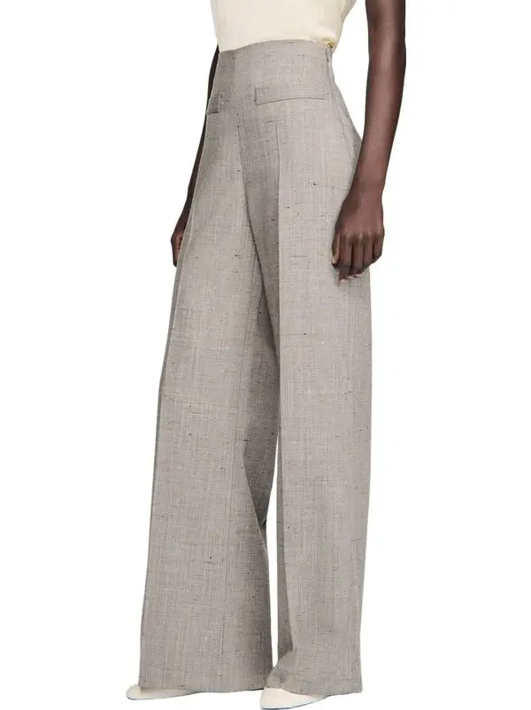 Sandro Wide-leg Check Wool Trousers - Greige