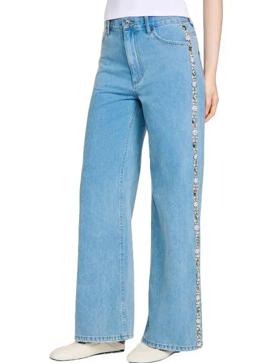 Sandro Faded Wide-leg Rhinestone Jeans - Blue Jean