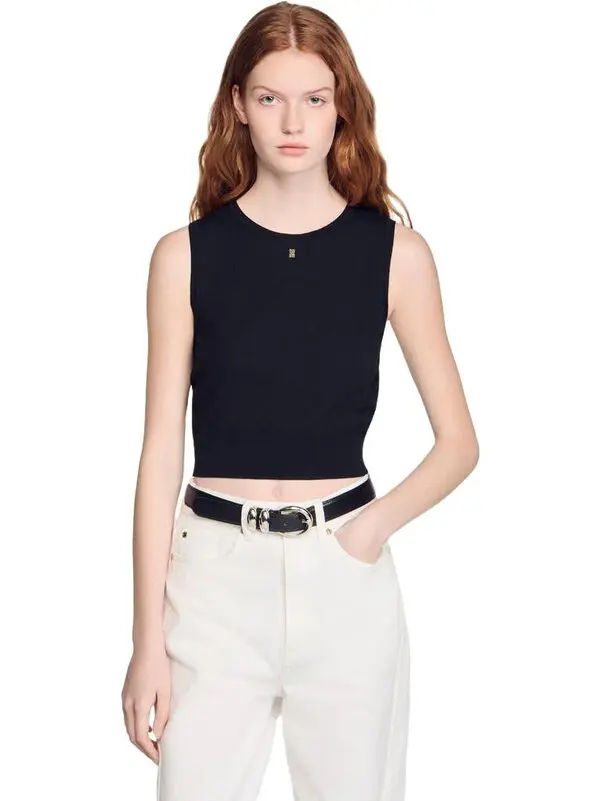 Sandro Sleeveless Knit Cropped Sweater - Black