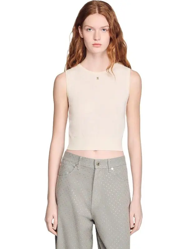 Sandro Sleeveless Knit Cropped Sweater - Ecru