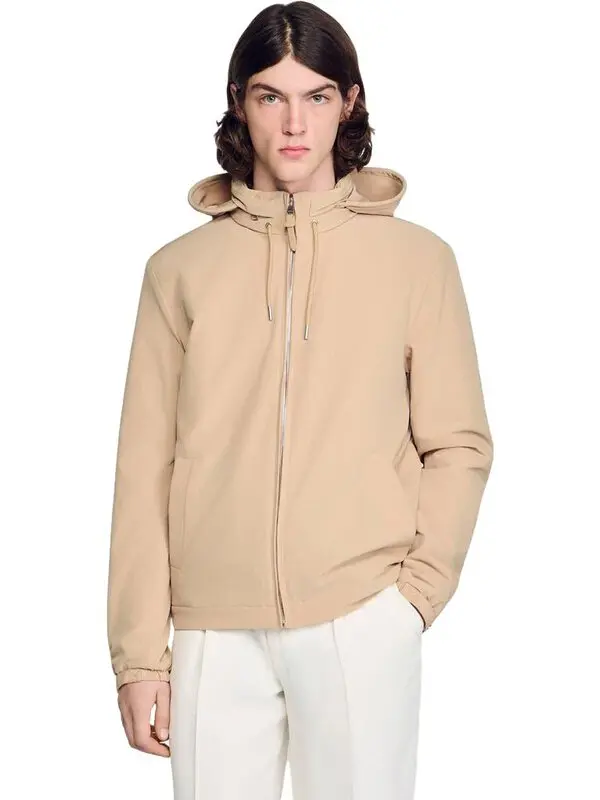Sandro Hooded Technical Fabric Zip-up Jacket - Sand