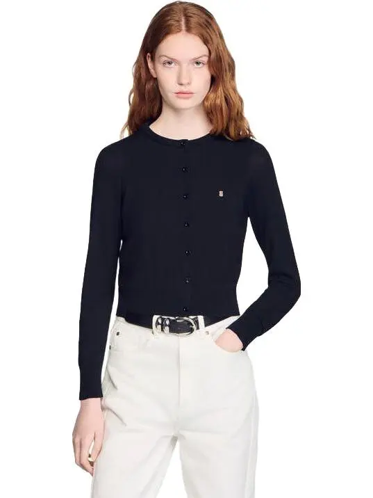 Sandro Cropped Padded Round Neck Cardigan - Black