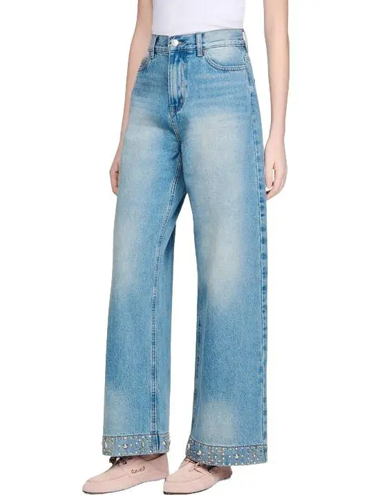 Sandro Rhinestone Embellished Straight-leg Jeans - Blue Jean