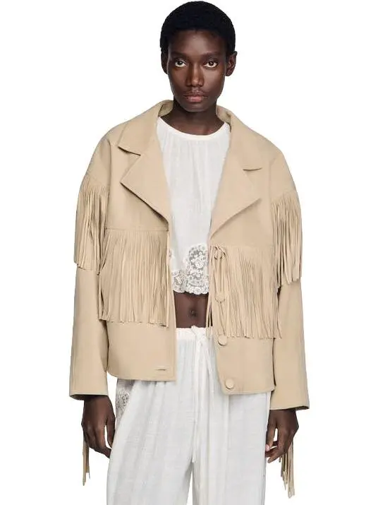 Sandro Fringed Suede Jacket - Beige