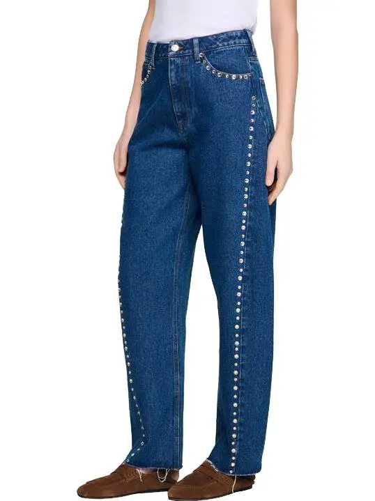 Sandro Rhinestone Embellished Barrel Jeans - Blue Jean
