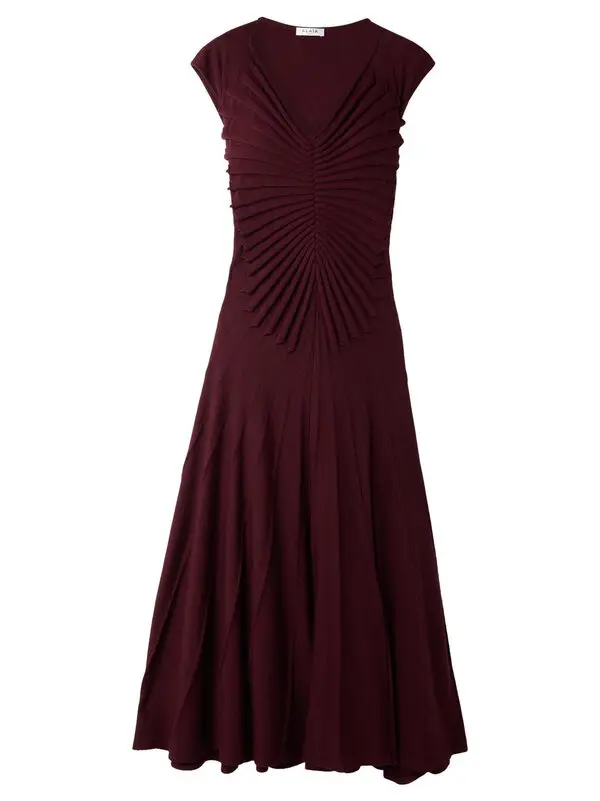 Alaïa Pleated Wool Midi Dress - Burgundy