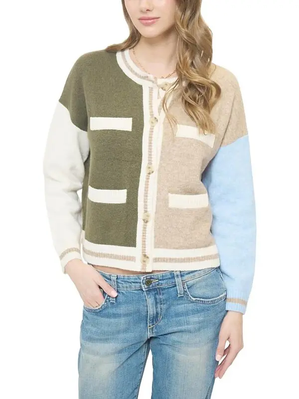 Central Park West Wyatt Robbie Blocked Cardigan - Beige-green-combo
