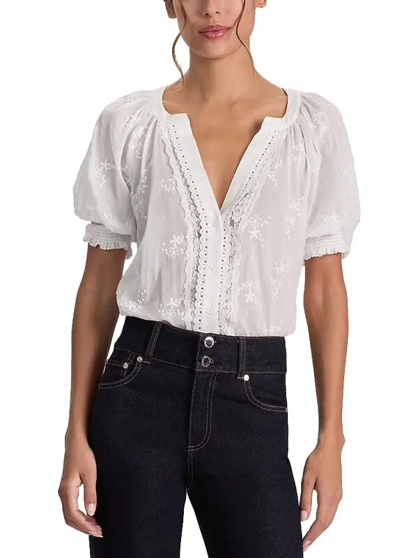 Alice + Olivia Thalia Embroidered Puff Sleeve Top - Off White