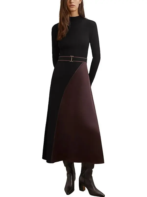 REISS Misty Knit Midi Dress - Black/burgundy