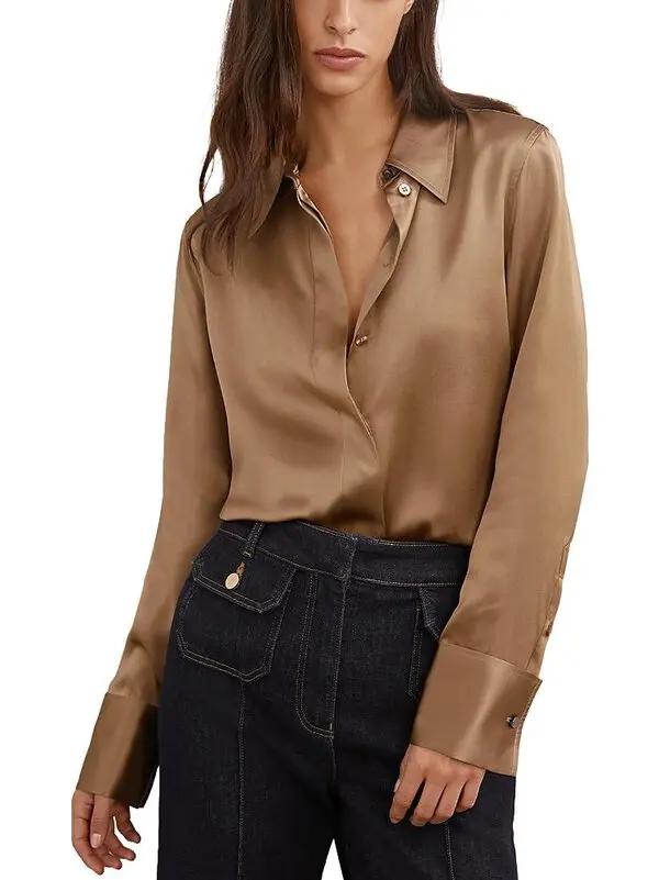 REISS Ameira Silk Shirt - Camel