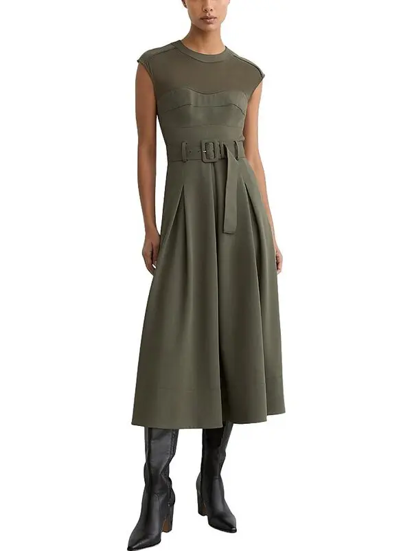 REISS Ava Belted Midi Dress - Khaki Green