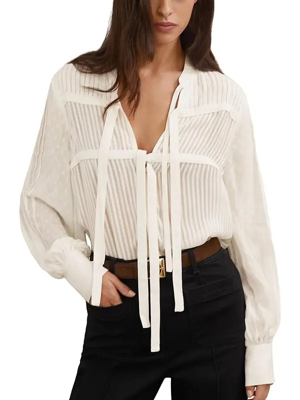 REISS Shadow Stripe Tie Neck Blouse - Ivory