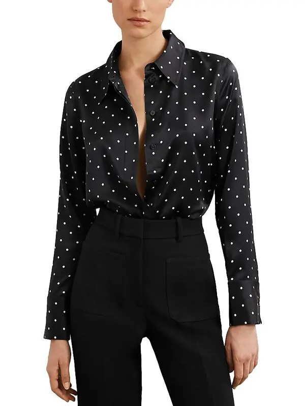REISS Polka Dot Silk Shirt - Navy/ivory