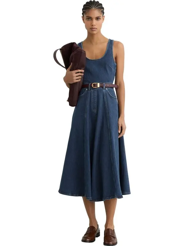 REISS Rosie Denim Sleeveless Midi Dress - Indigo Blue