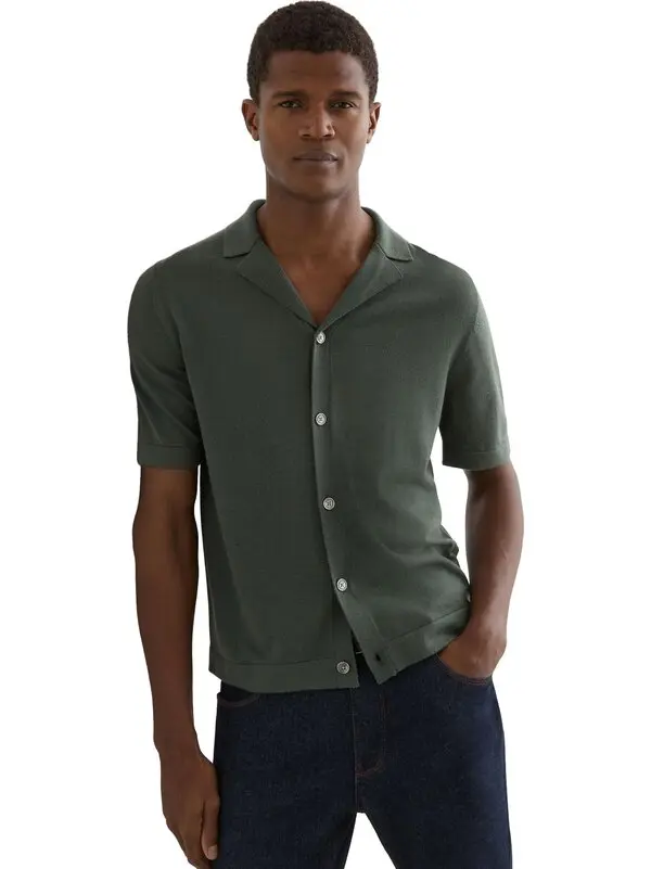 REISS Grafton Merino Wool Cuban-collar Shirt - Kale Green