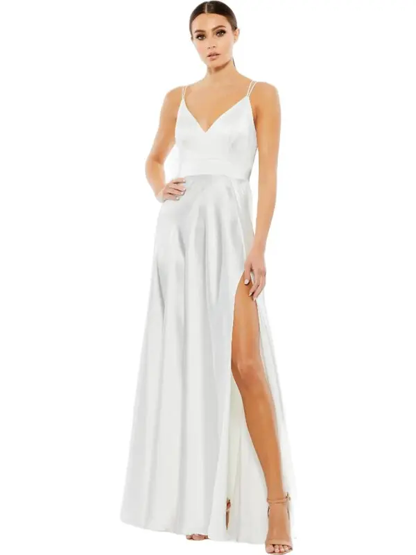 Mac Duggal Satin Strappy-back High Slit Gown - White