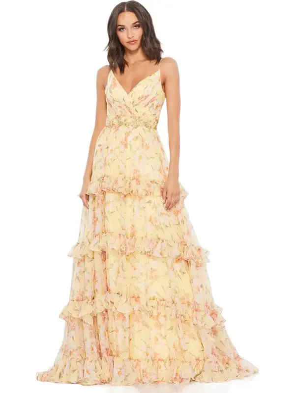 Mac Duggal Floral Tiered Chiffon Gown - Lemon
