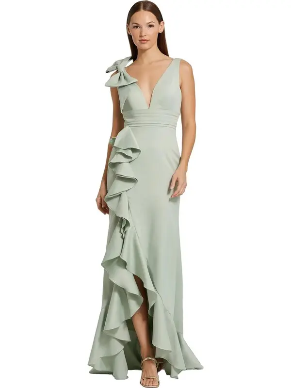 Mac Duggal Sleeveless Ruffled V-neck Gown With Bow - Green