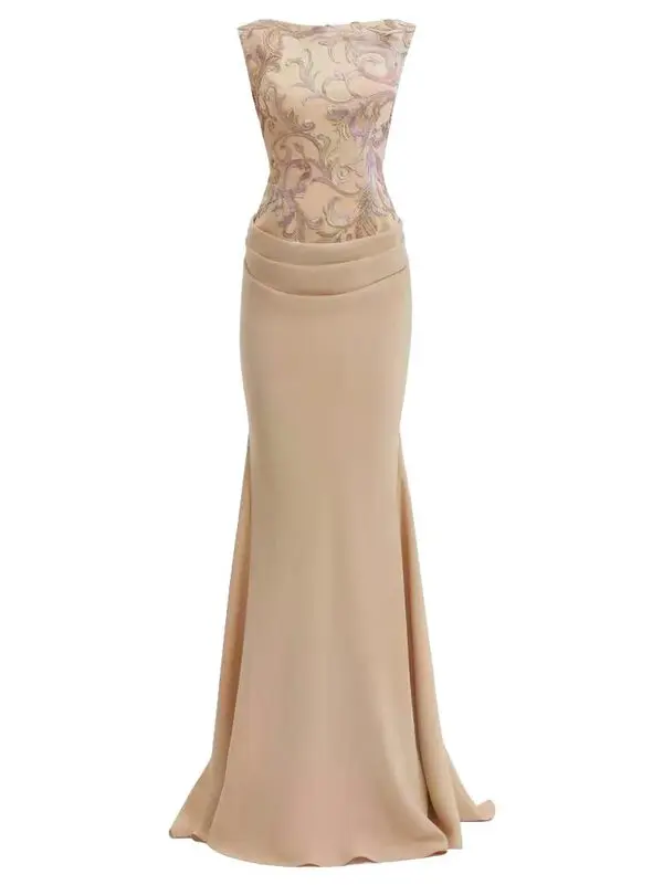 GEMY MAALOUF Fitted Embroidered Maxi Dress - Neutrals