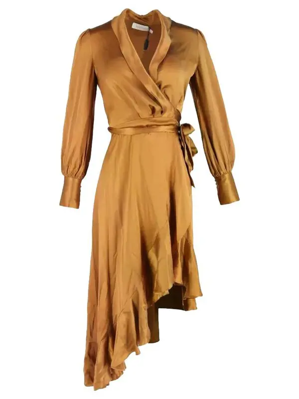Zimmermann Asymmetric Ruffled Wrap Midi Dress - Brown