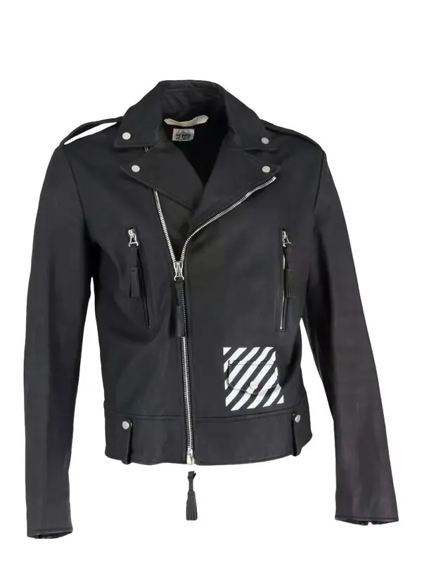 Off-White Diagonal Stripe Leather Biker Jacket - Black