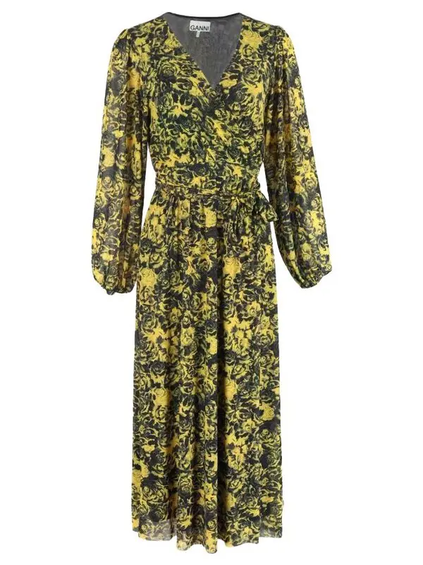 GANNI Printed Wrap Midi Dress - Yellow