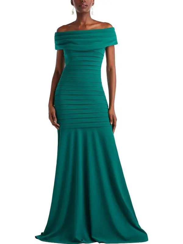 Tadashi Shoji Pleated Off-the-shoulder Mermaid Gown - Emerald