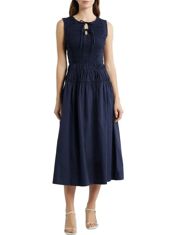 Moon River Tie-front Smock Waist Midi Dress - Navy