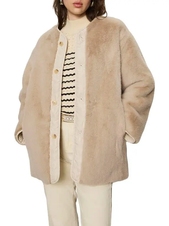 Sanctuary Reversible Collarless Faux Fur Jacket - Almond White