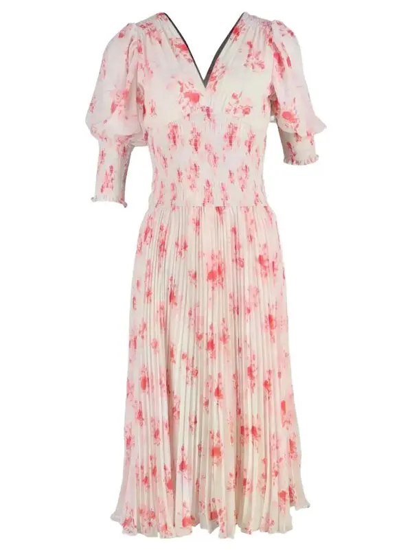 SELF-PORTRAIT Pleated Floral-print V-neck Midi Dress - Pink