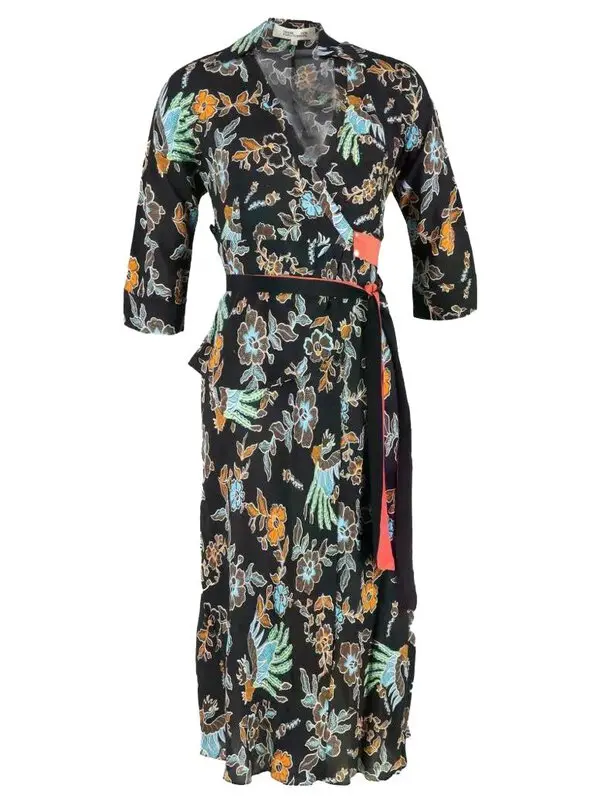 Diane Von Furstenberg Madalena Floral Print Silk Wrap Dress - Black