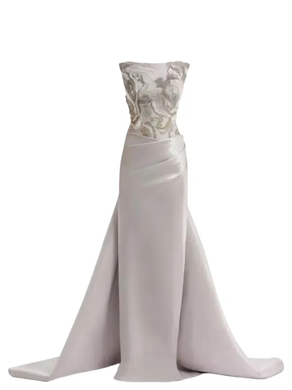 GEMY MAALOUF Embroidered Draped Maxi Dress - Grey