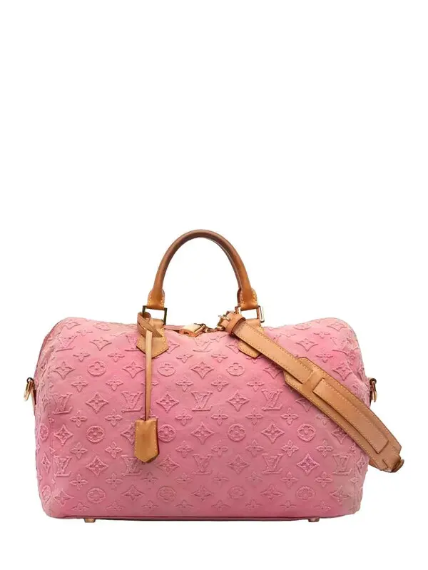 LOUIS VUITTON 2012 Monogram Stone Denim Speedy Bandouliere 35 Satchel - Pink