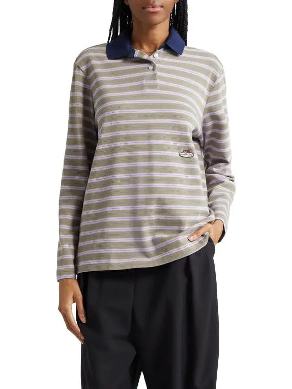 HOMMEGIRLS X Fruit Of The Loom Stripe Long Sleeve Cotton Polo - Lilac Stripe