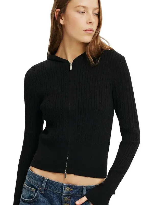 COTTON ON Hooded Cable-knit Zip-up - Black Cable