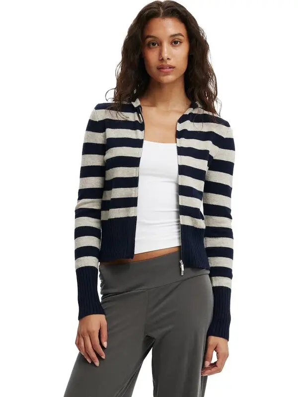 COTTON ON Everfine Hooded Knit - Navy Light Grey Stripe