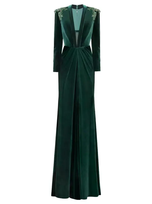 GEMY MAALOUF Beaded-shoulders Velvet Maxi Dress - Green