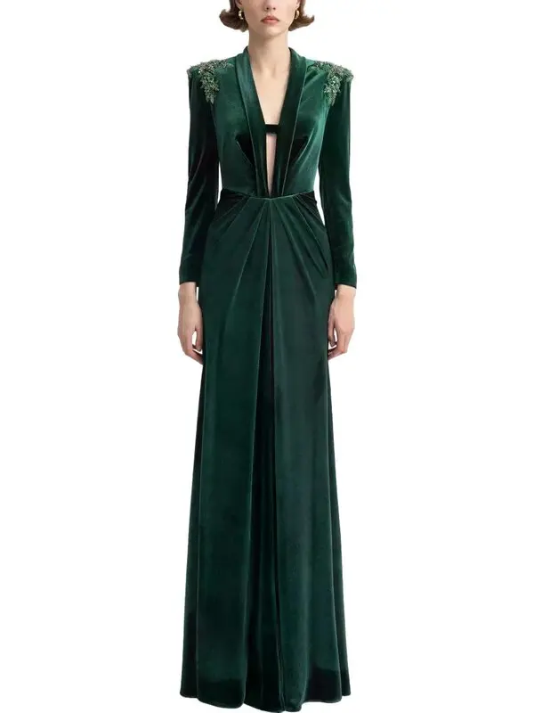 GEMY MAALOUF Beaded-shoulders Velvet Maxi Dress - Green