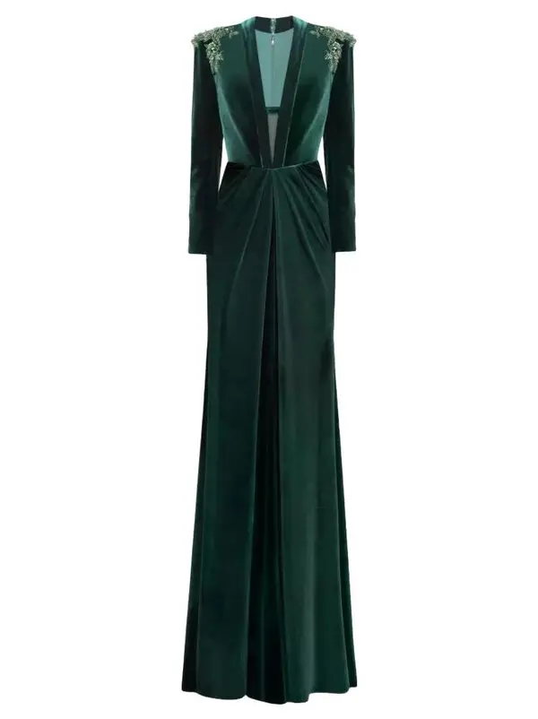 GEMY MAALOUF Beaded-shoulders Velvet Maxi Dress - Green