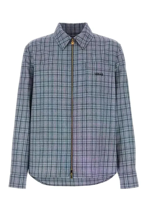 Versace Embroidered-logo Checked Wool Shirt - Grey