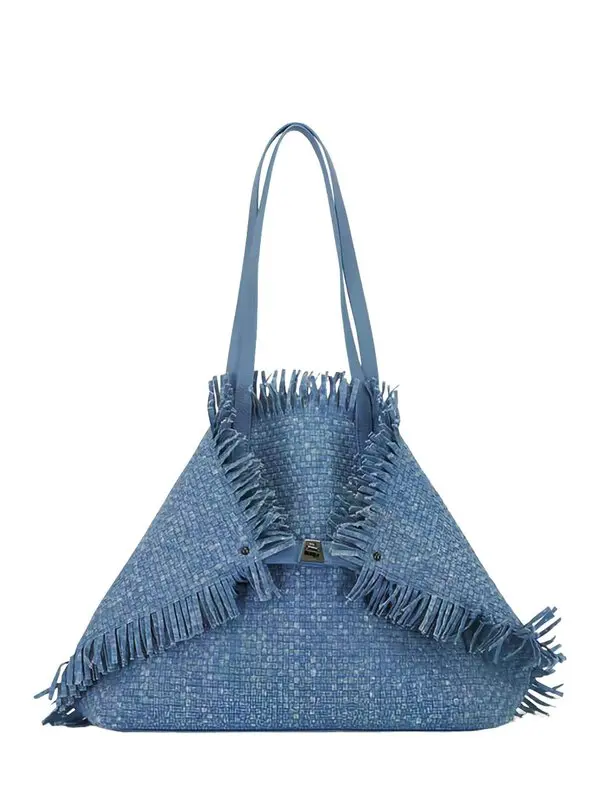 Akris Medium Woven Tote Bag With Fringed Edges - Blue