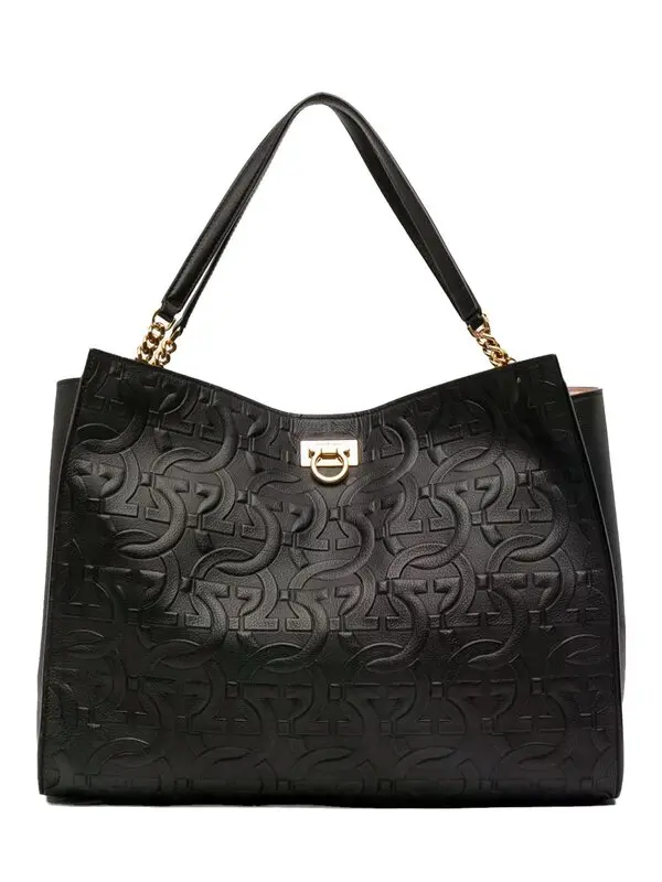 FERRAGAMO Gancini Embossed Calfskin Trifolio Tote Bag - Black