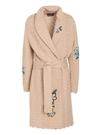 Moschino Cardigan In Virgin Wool With Belt And Embroidery - Beige