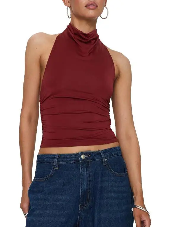 Princess Polly Giggle Cowl Neck Halter Top - Burgundy